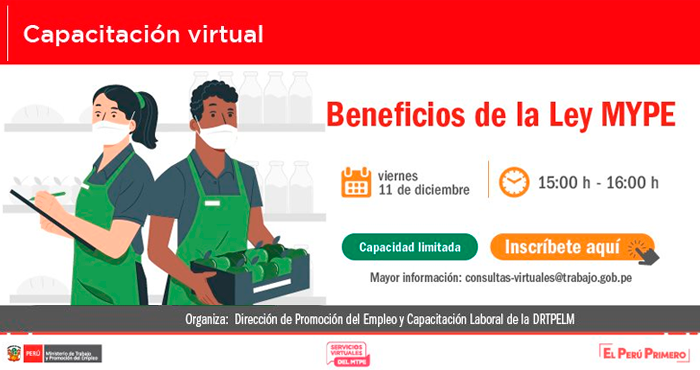 (Capacitación Virtual Gratuito) MINTRA: Beneficios de la Ley MYPE