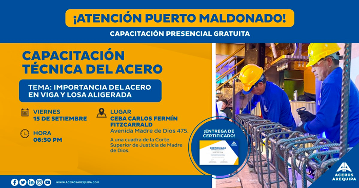 Capacitación presencial gratis "Importancia del Acero en viga y losa aligerada" de Aceros Arequipa