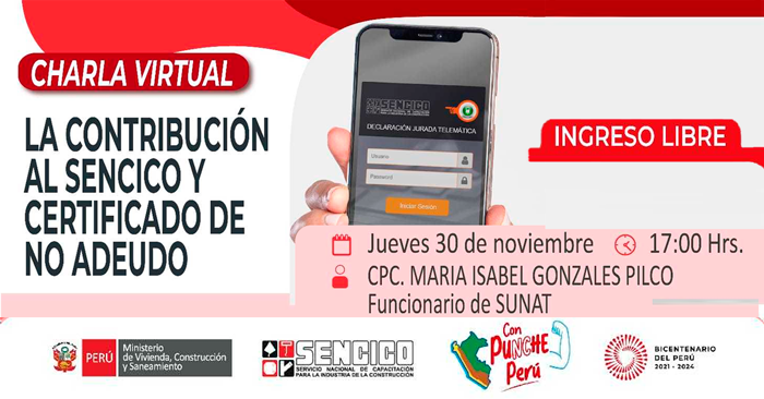 Charla online gratis "La contribución al sencico y certificado de no adeudo"