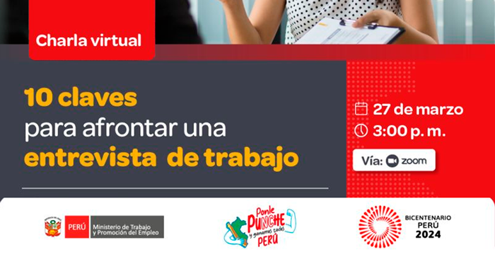 Charla online gratis "10 claves para afrontar una entrevista de trabajo" del MTPE