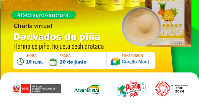 Charla online "Derivados de piña: Harina de piña, hojuela deshidratada" de Agro Rural