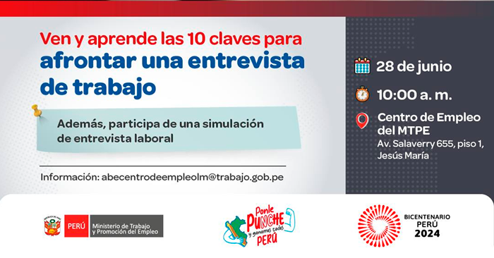 Taller presencial "Aprende las 10 claves para afrontar una entrevista de trabajo" del (MTPE)