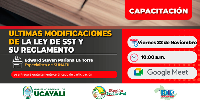 Capacitación online "Últimas Modificaciones de la Ley de SST y su reglamento" de la DRTPE Ucayali